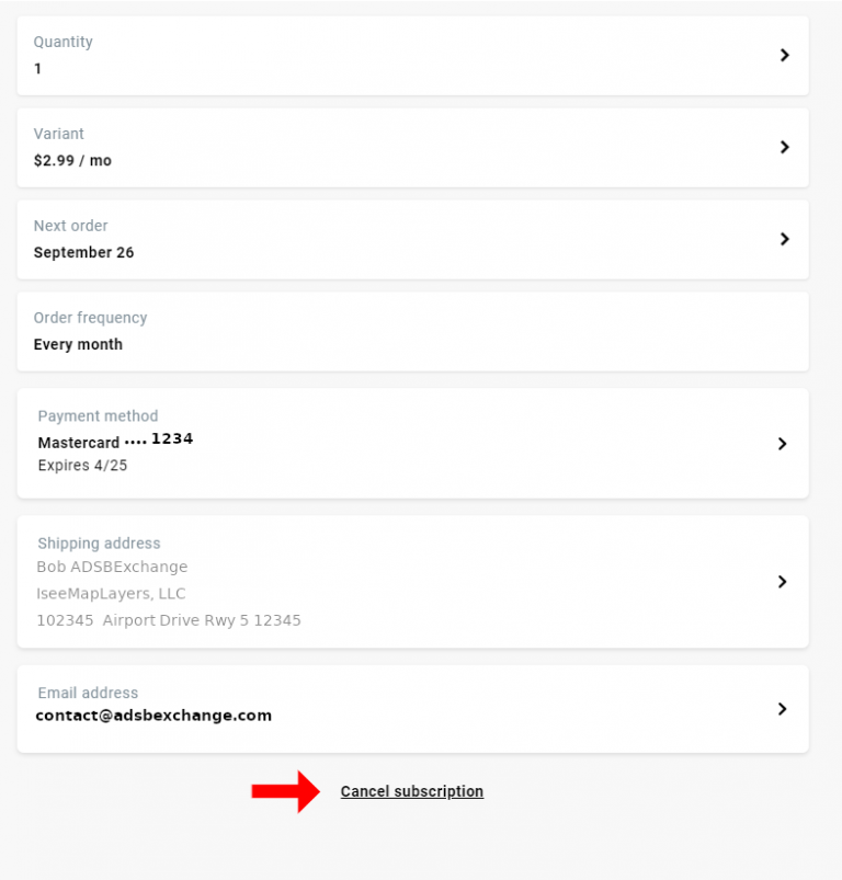 Manage Subscription - ADS-B Exchange